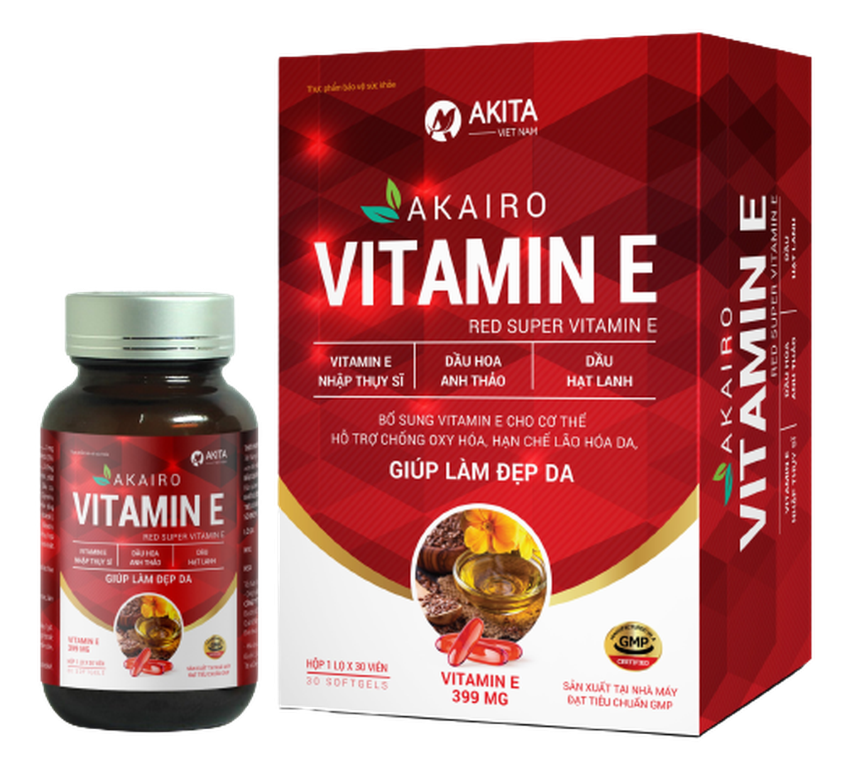 Viên uống Akairo Vitamin E Cap giúp chống oxy hóa, giảm lão hóa da (Hộp 1 lọ 30 viên)